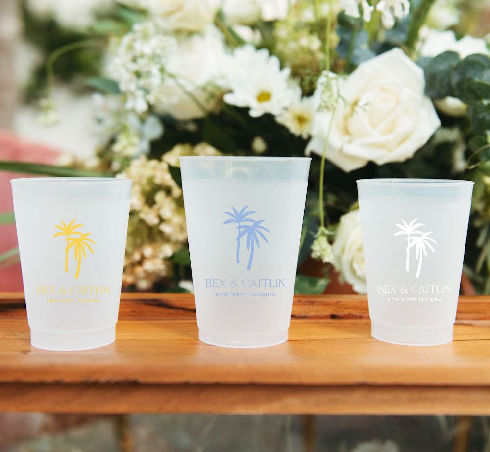 Custom Tropical Palm Tree Wedding Favor Cups | Personalized Plastic Cup ...