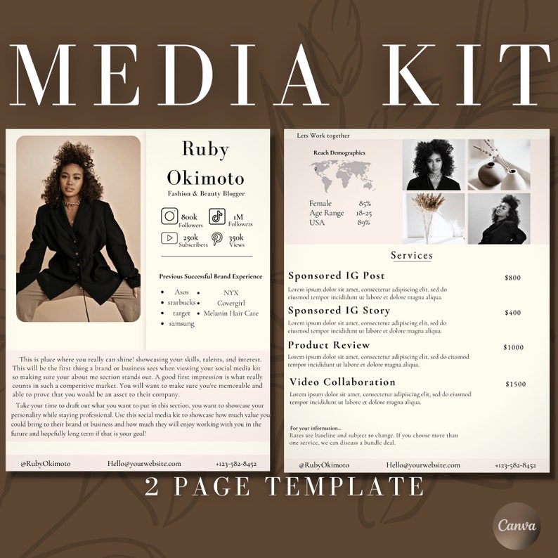 MEDIA KIT 2 Pages for Influencers | Blogger Canva Press Kit | Branding ...