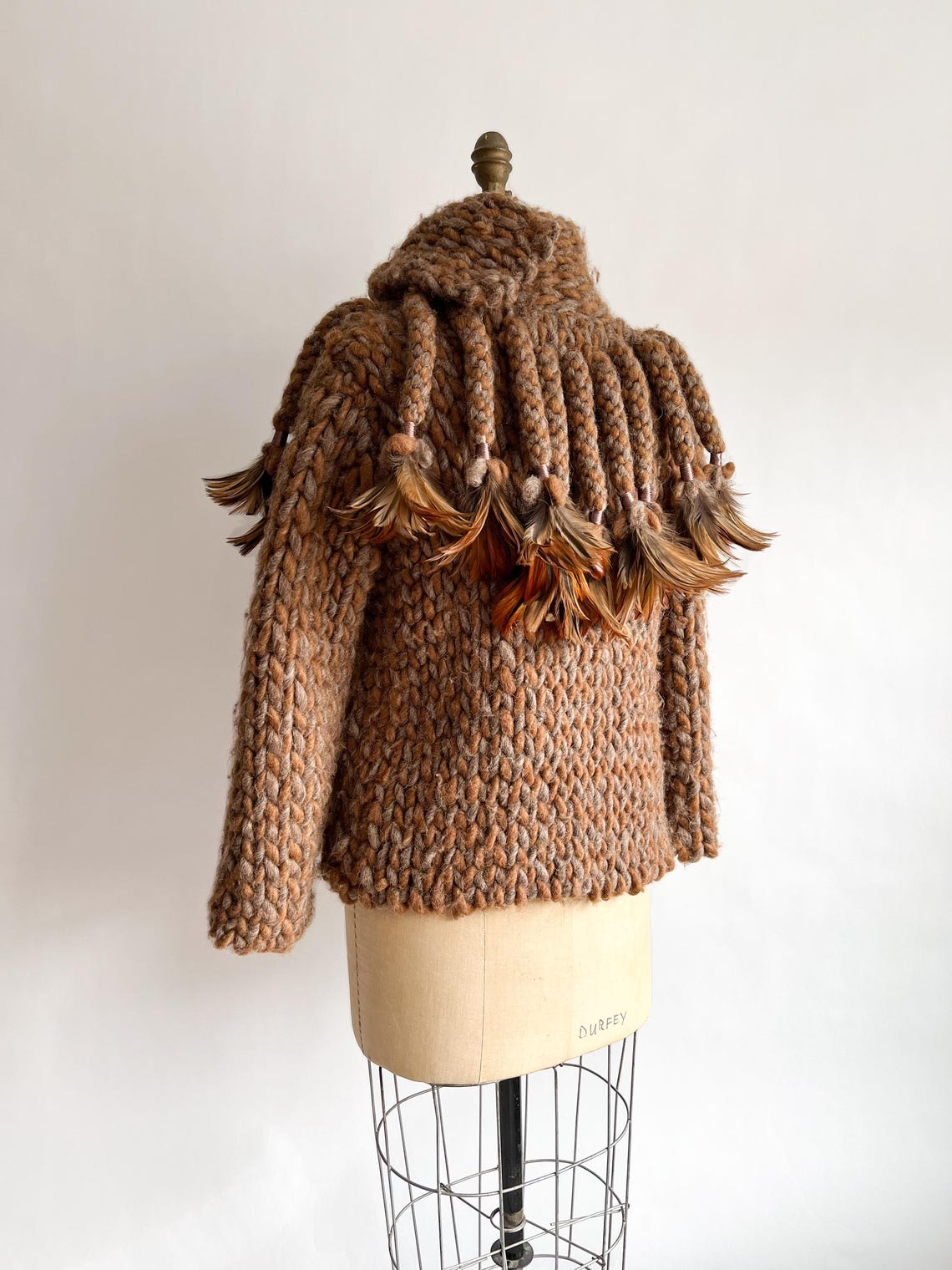 Vintage 1970s Marv Graff Hand Loomed Thick Wool Sweater Feather Detail ...