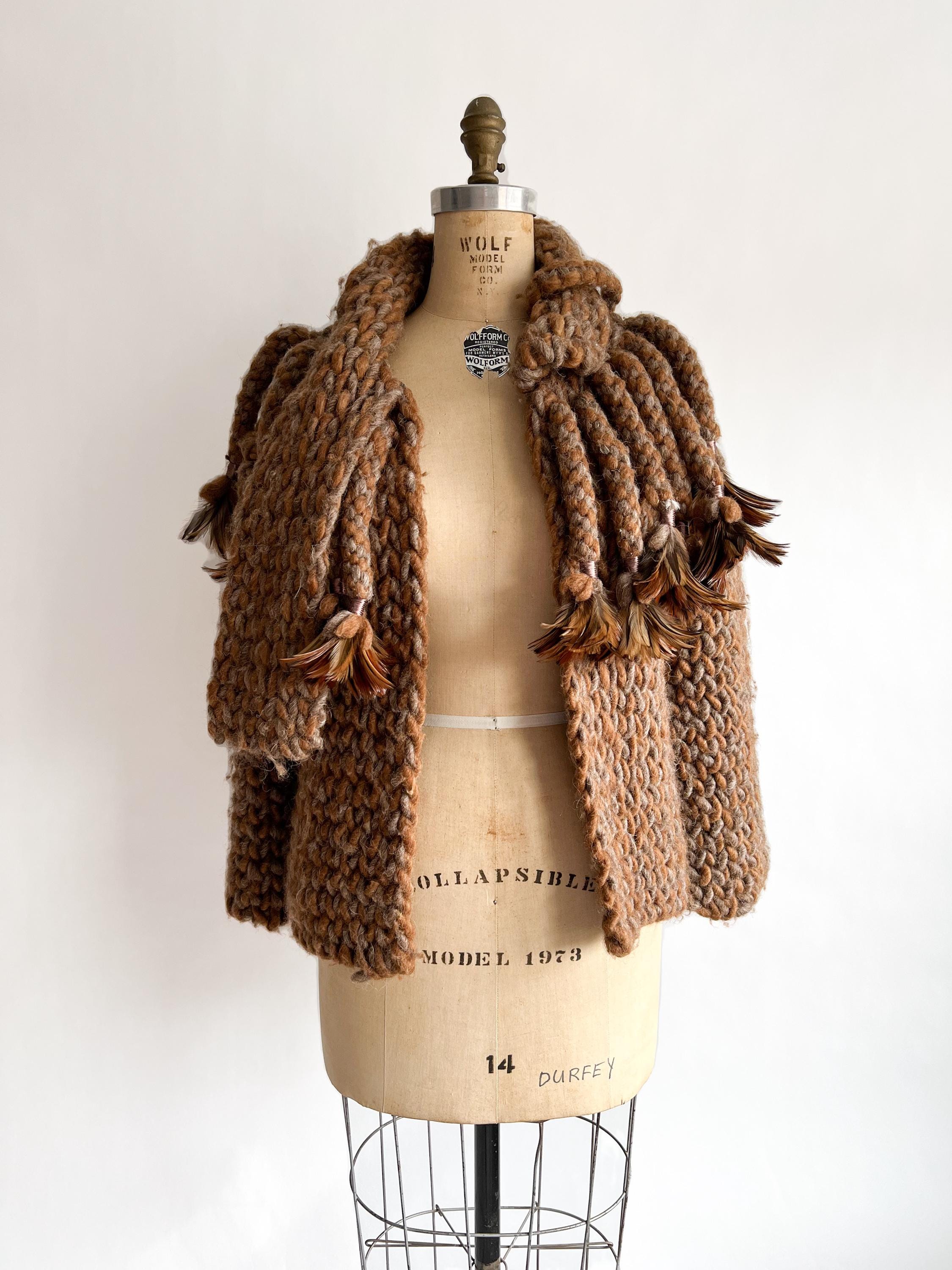 Vintage 1970s Marv Graff Hand Loomed Thick Wool Sweater Feather Detail ...