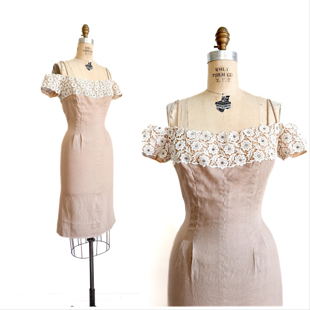 Vintage 1950s Peggy Hunt Nude Illusion Lace Rhinestone Linen Wiggle ...