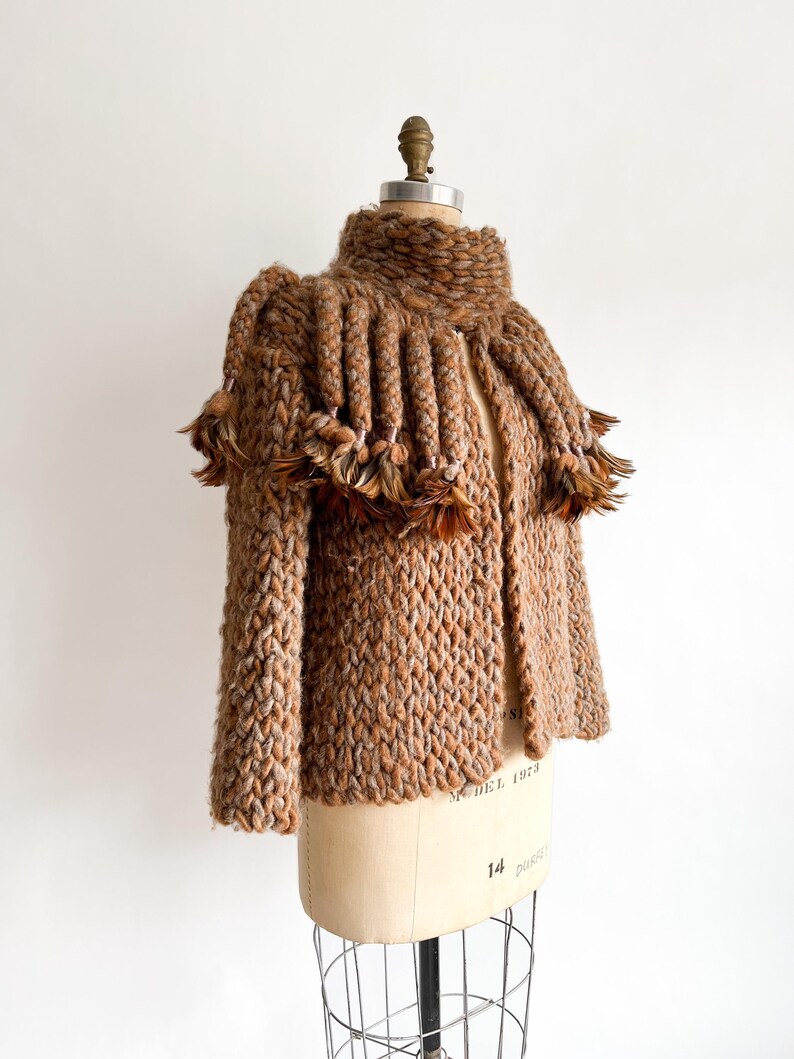 Vintage 1970s Marv Graff Hand Loomed Thick Wool Sweater Feather Detail ...