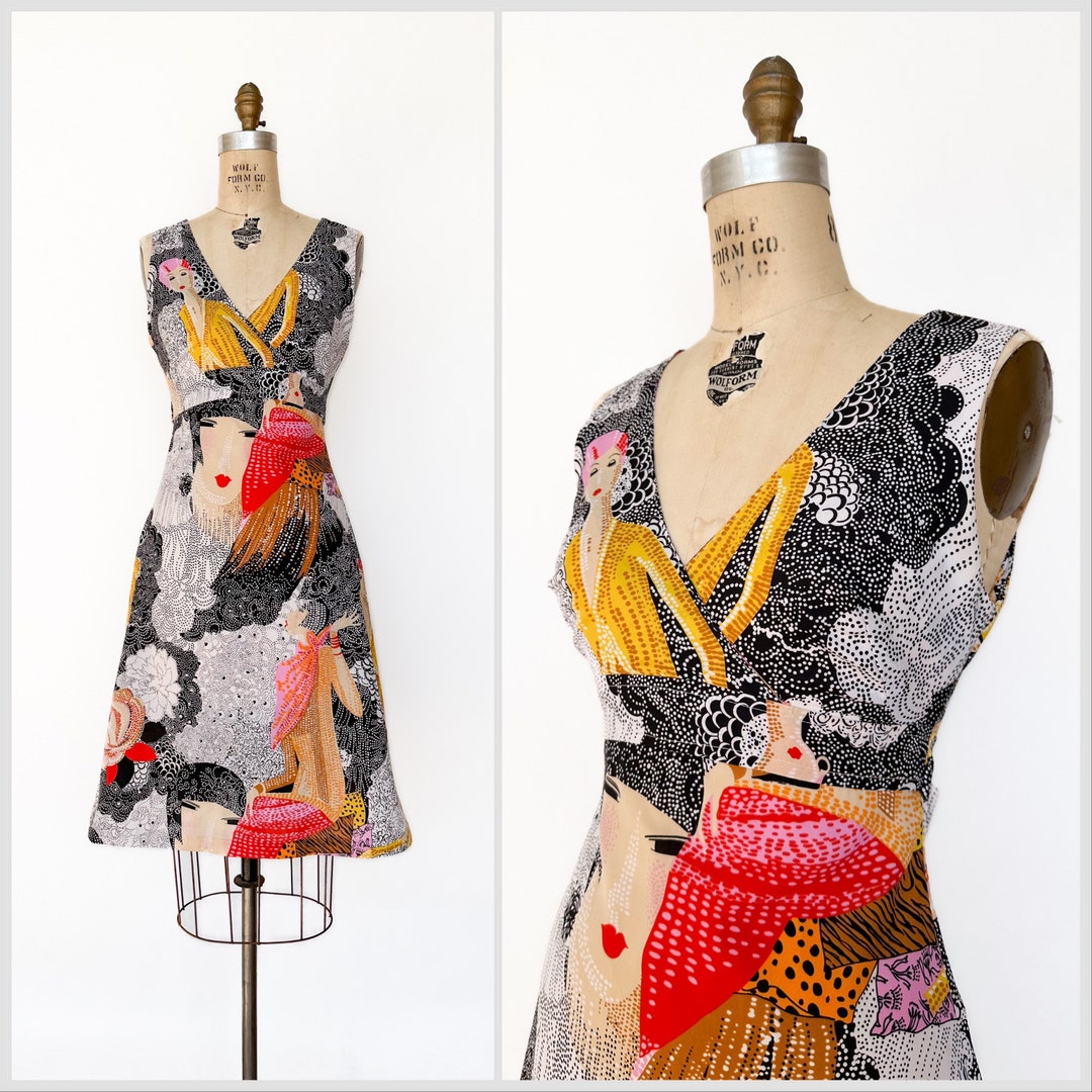 Vintage 1970s Ricki Renee Dress Novelty Art Deco Face Print S - Etsy