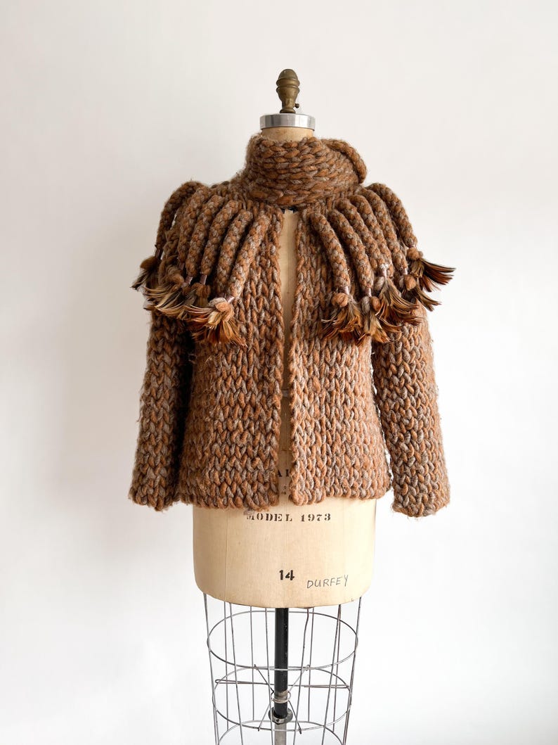 Vintage 1970s Marv Graff Hand Loomed Thick Wool Sweater Feather Detail ...