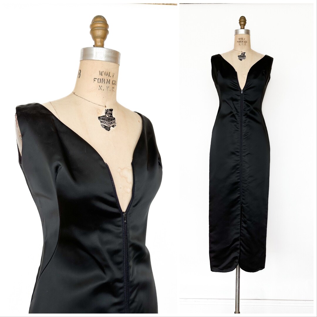 Bombshell! Vintage 1960s 50s Black Satin Zip Front Hourglass Wiggle ...