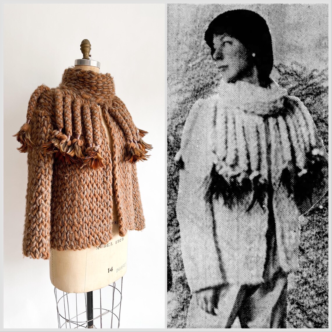 Vintage 1970s Marv Graff Hand Loomed Thick Wool Sweater Feather Detail ...