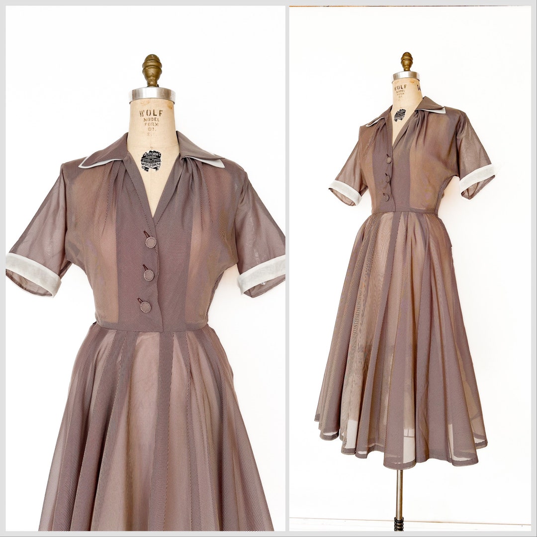 Vintage 1950s 50s Sheer Brown Stripe Full Skirt Day Dress House Dress ...