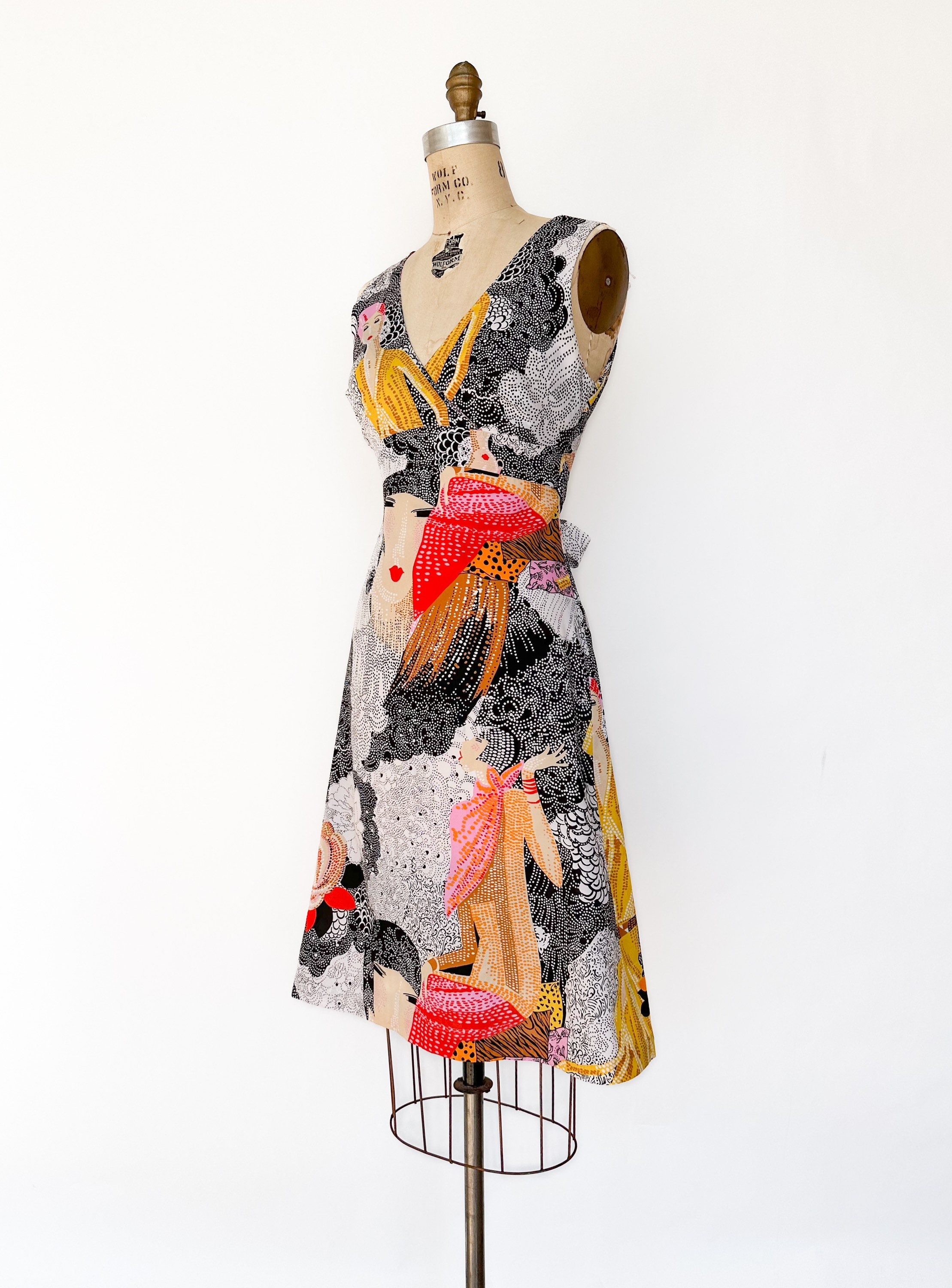 Vintage 1970s Ricki Renee Dress Novelty Art Deco Face Print S - Etsy