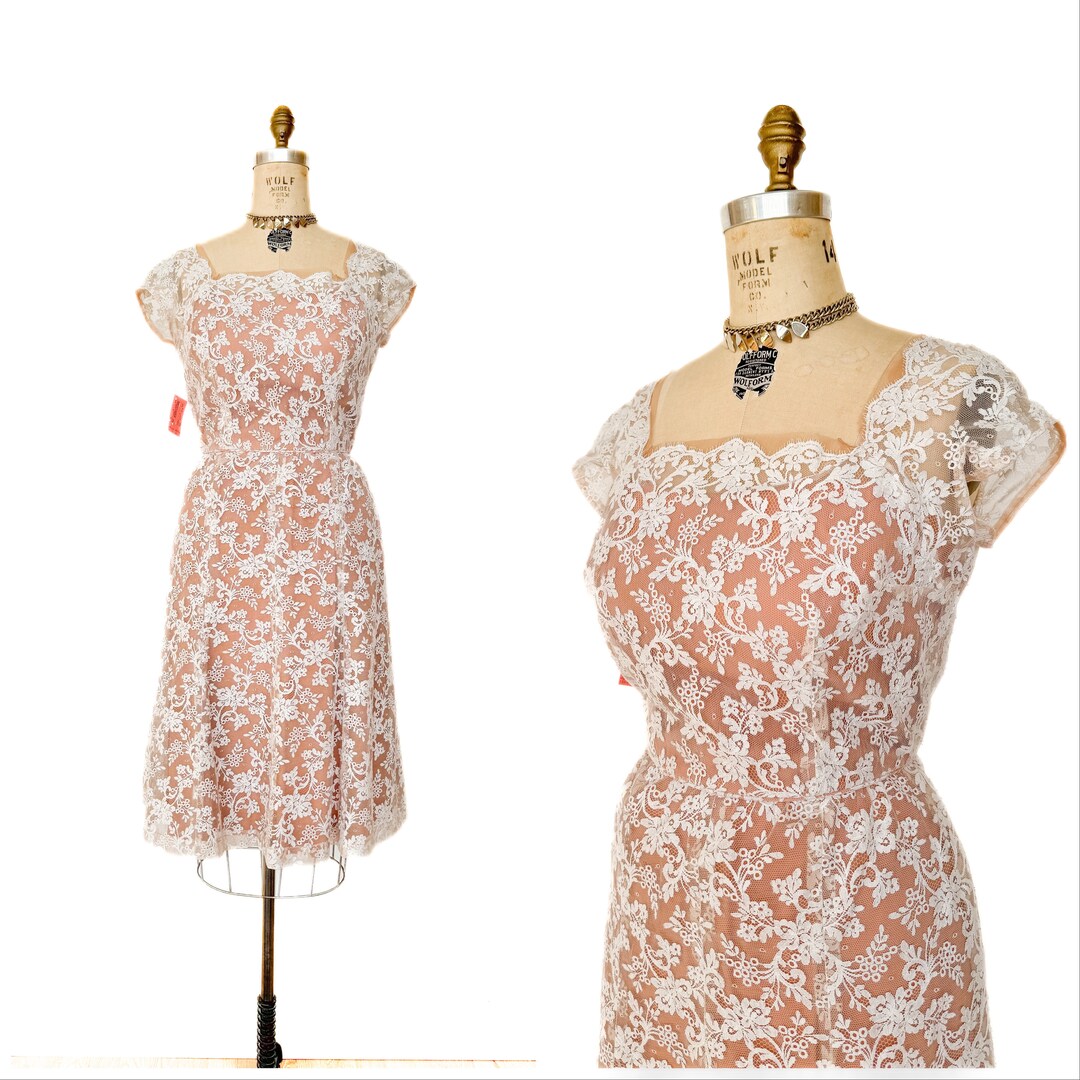 Vintage 1950s 60s Peggy Hunt White Lace Nude Cocktail Dress Deadstock ...
