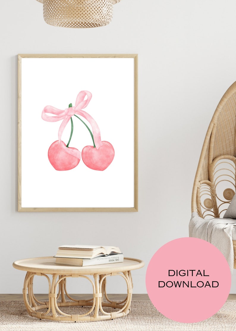 Coquette Cherry Ribbon Wall Art - Trendy Girls Room Decor - Pink Bow ...