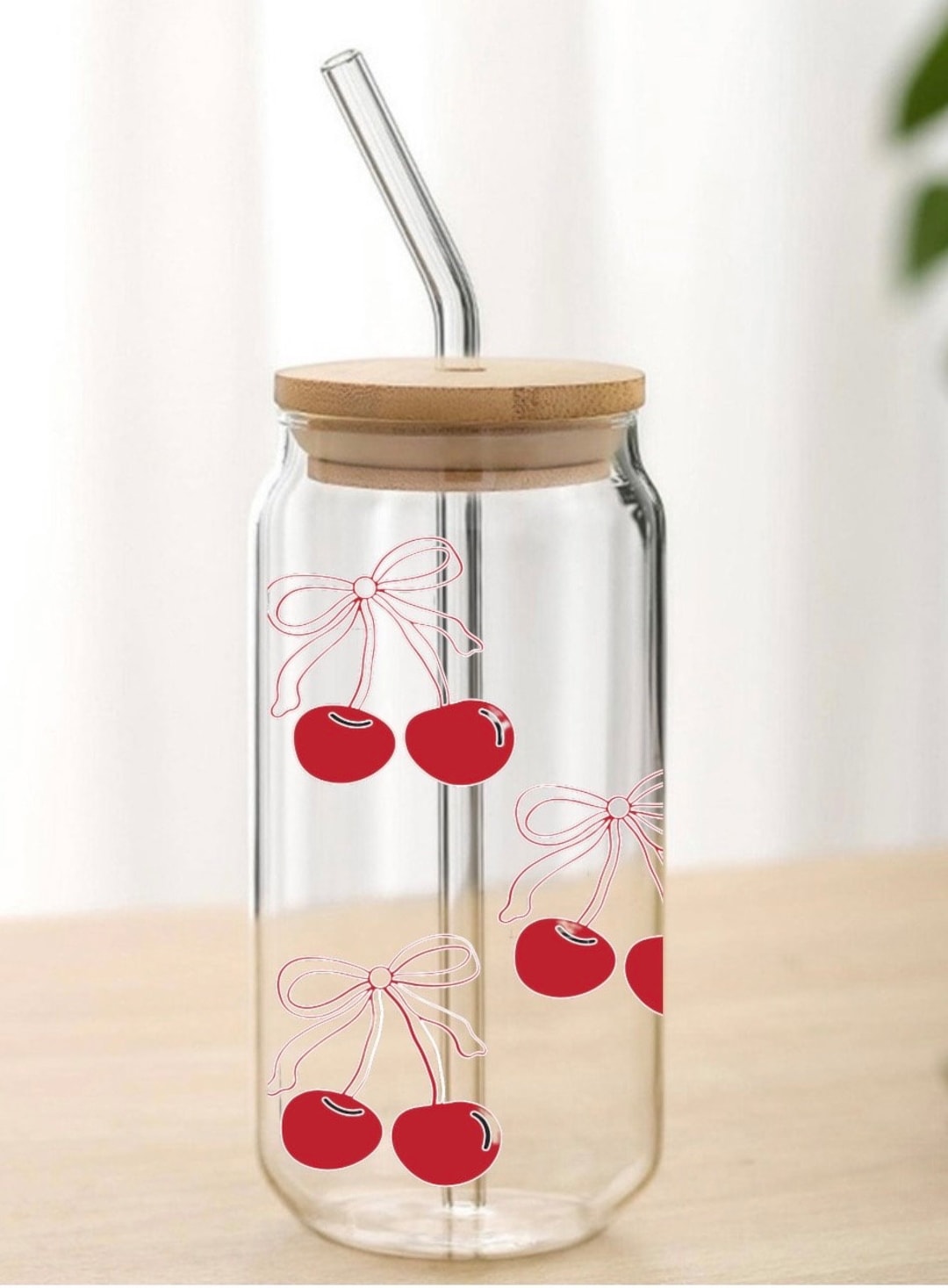 16 Oz Cherry Bow Glass Cup Glass Tumbler Valentine Gift Iced Coffee ...