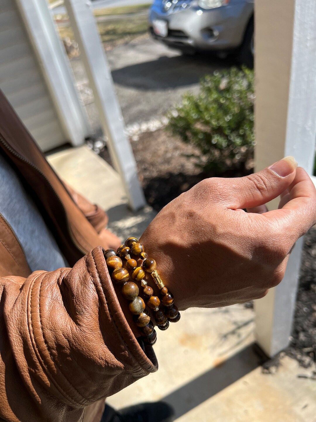Men's Tiger's Eye Beaded Bracelet With Gold Tone Spacers, Cowrie Charm ...