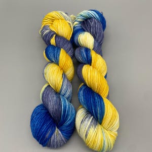 Hand Dyed Yarn, Superwash Merino Wool, Blue, Navy, Yellow Variegated ...