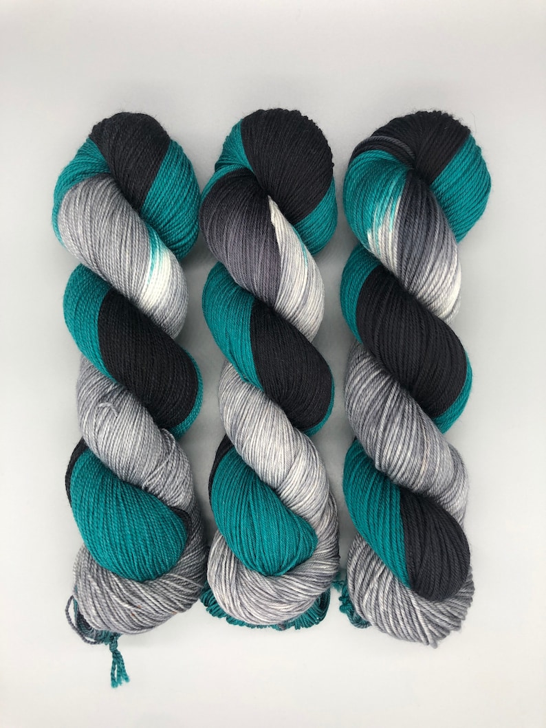 Hand Dyed Yarn, Superwash Merino Wool, Teal, Black, Gray, Fingering ...