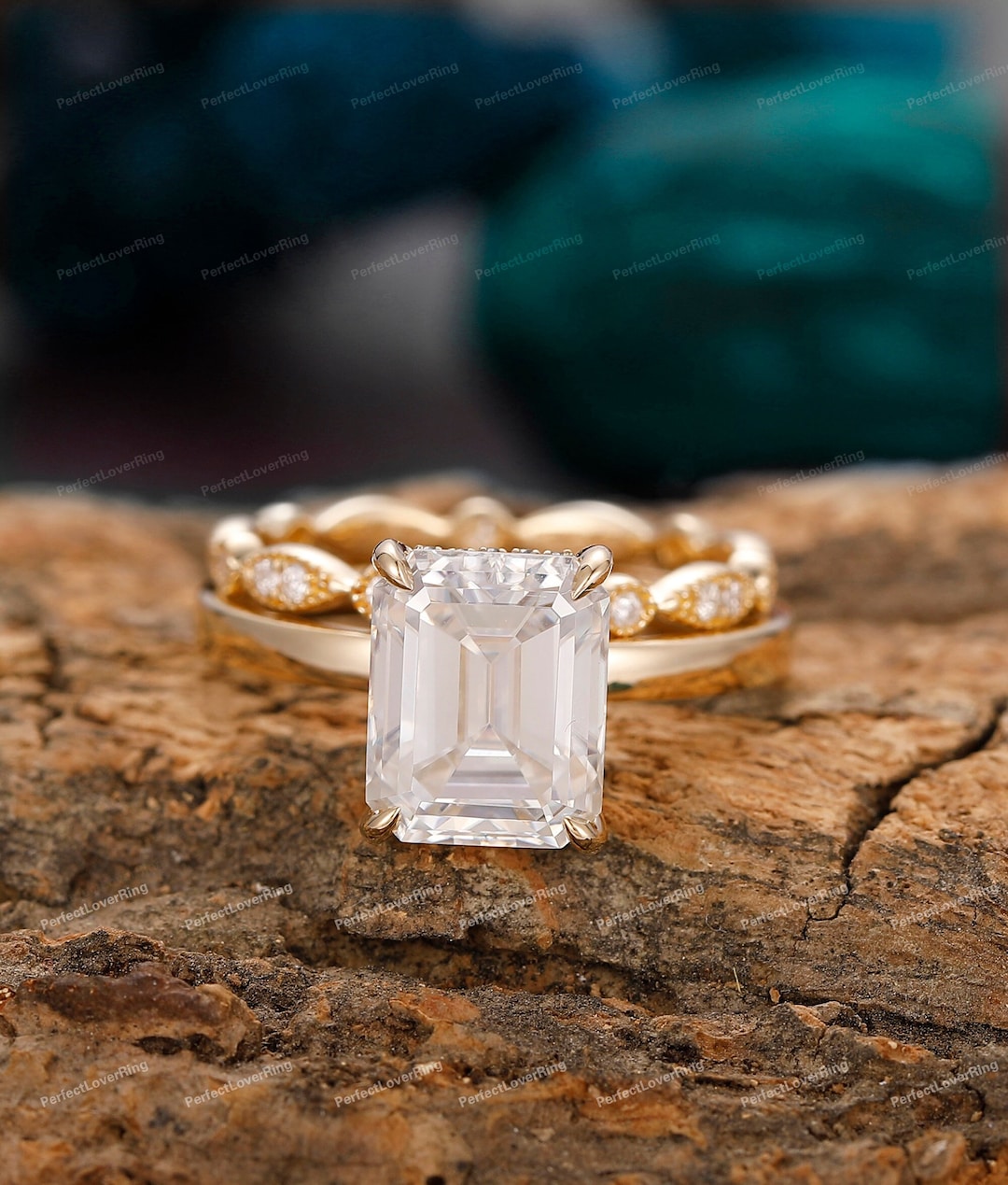 Bridal Set/ 4ct Emerald Cut Moissanite Engagement Ring Set/ Moissanite ...