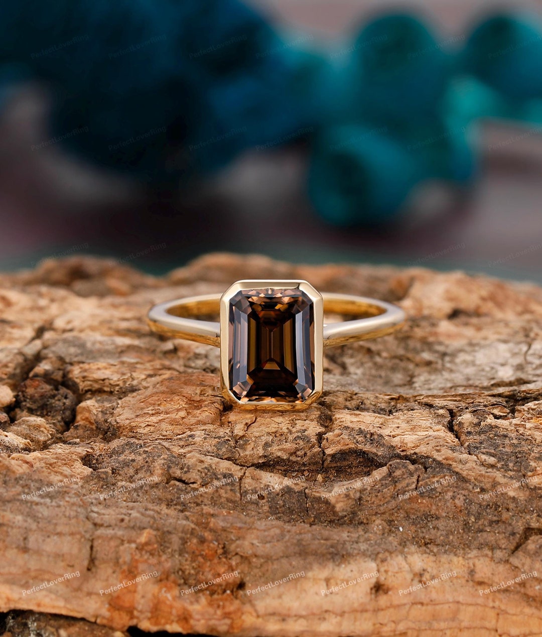 Simple Bezel Set Ring/ Emerald Cut Coffee Colored Moissanite Engagement ...
