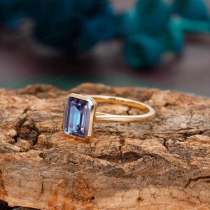 Bezel Set Alexandrite Ring/ Emerald Cut Alexandrite Engagement Ring ...