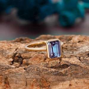 Bezel Set Alexandrite Ring/ Emerald Cut Alexandrite Engagement Ring ...
