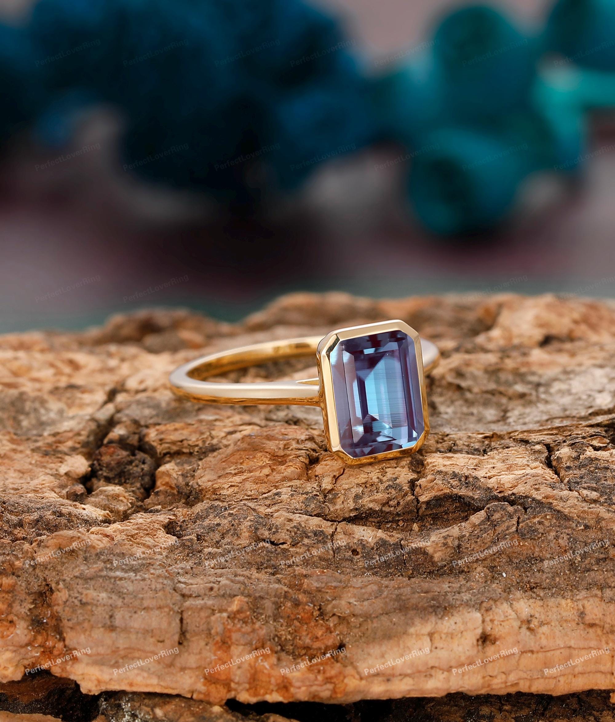 Bezel Set Alexandrite Ring/ Emerald Cut Alexandrite Engagement Ring ...