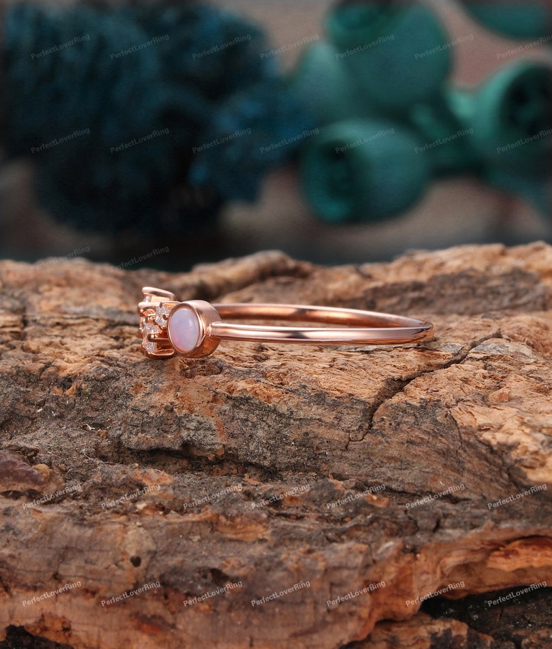 Unique Lab Grown Diamond Wedding Band, Pink Opal Ring, Gemstone ...