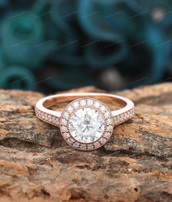 Art Deco Ring 6.5mm Round Cut Moissanite Engagement Promise Wedding Ring Halo Half Etrenity Anniversary Ring 14K Gold Custom Stack Ring