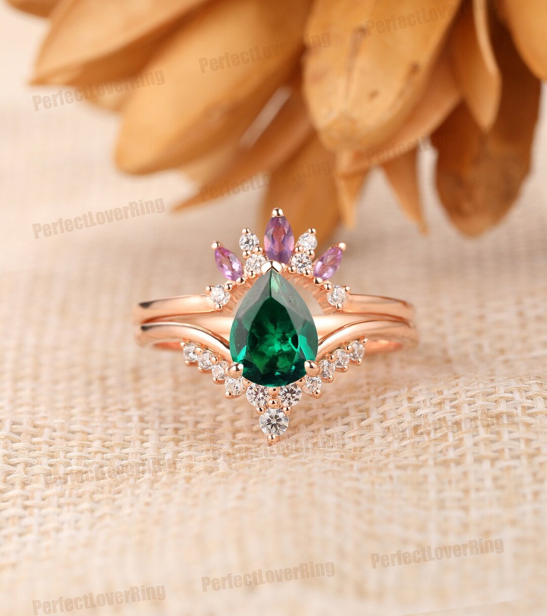 Zierliche Braut Sets Ring / 6x8mm Pear Cut Smaragd Ring / Custom Made ...