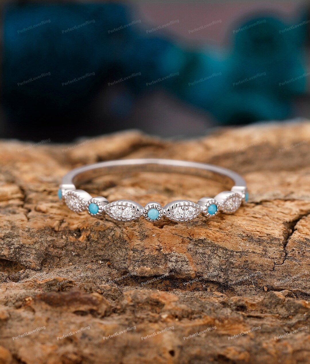 Wedding Band/ Turquoise&moissanite Wedding Ring/ Half Eternity Promise Ring/ Matching Band Ring ...