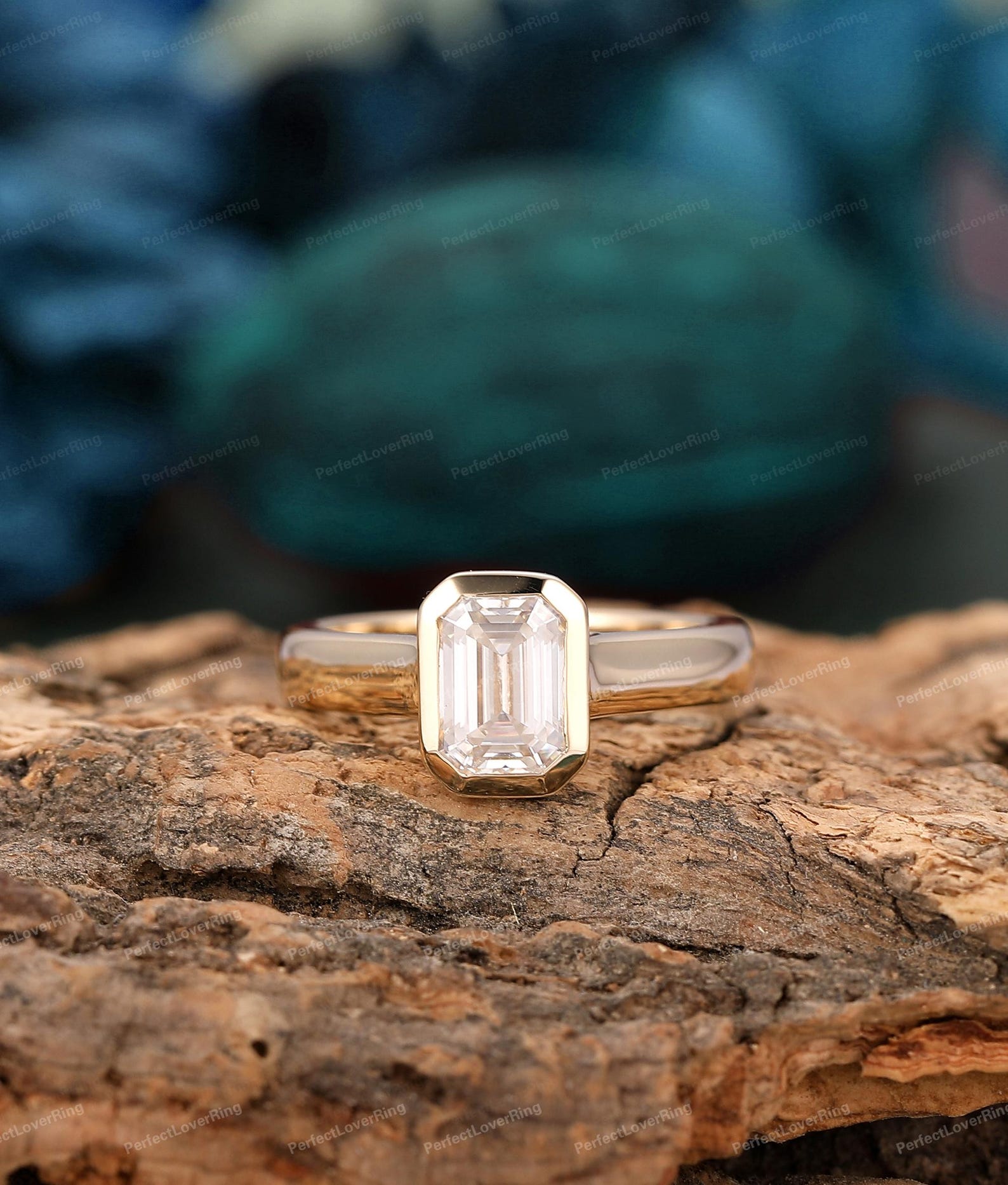 Bezel Set Solitaire Ring/ Emerald Cut Moissanite Engagement Ring ...