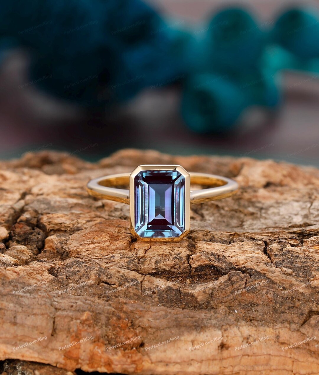 Bezel Set Alexandrite Ring/ Emerald Cut Alexandrite Engagement Ring ...