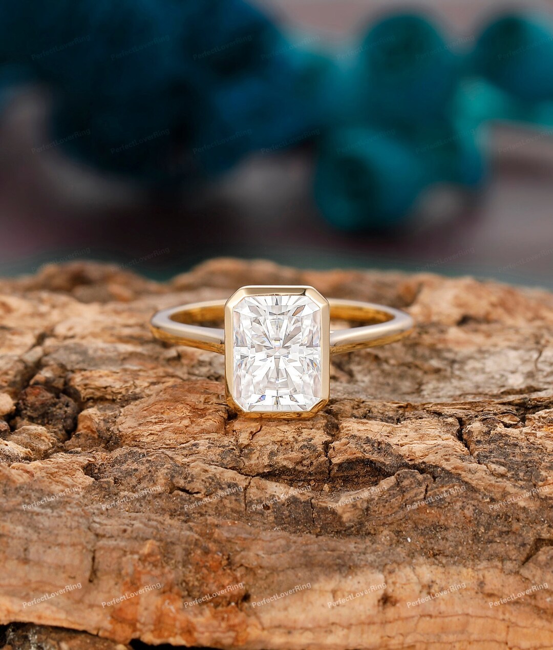 Bezel Set 5x7mm Radiant Cut Moissanite Engagement Ring/ Promise Bridal ...