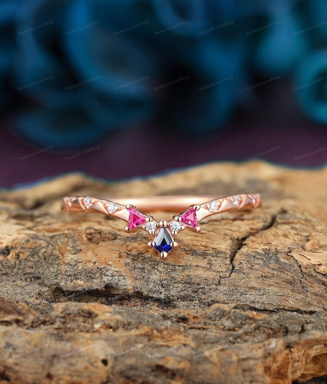 Multi Gemstone Ring/ Ruby&sapphire Wedding Band/ Curved Stackable Band ...