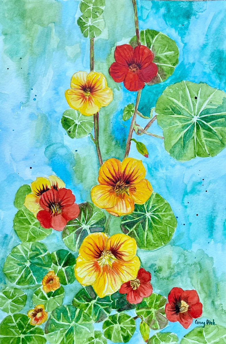 Nasturtiums, Original Flower Still Life Watercolor Painting, Yellow and ...