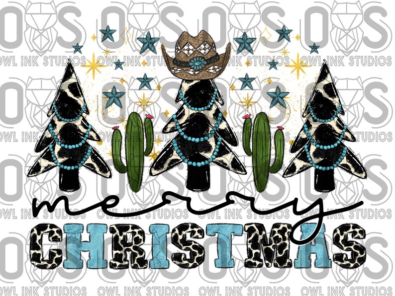 Western Cow Print and Turquoise Merry Christmas Trees Digital - Etsy