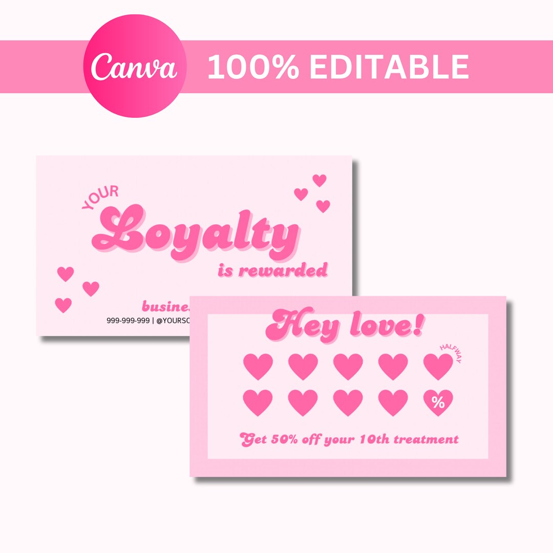 DIY Loyalty Card, Editable Canva Template, Pink Retro Customizable ...