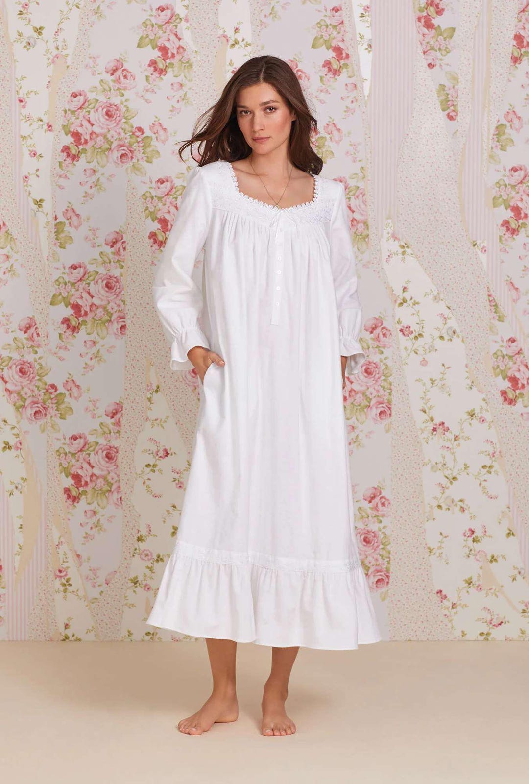 Embroidery Cotton Nightgowns for Women Long Sleeve Sleepwear Honeymoon ...