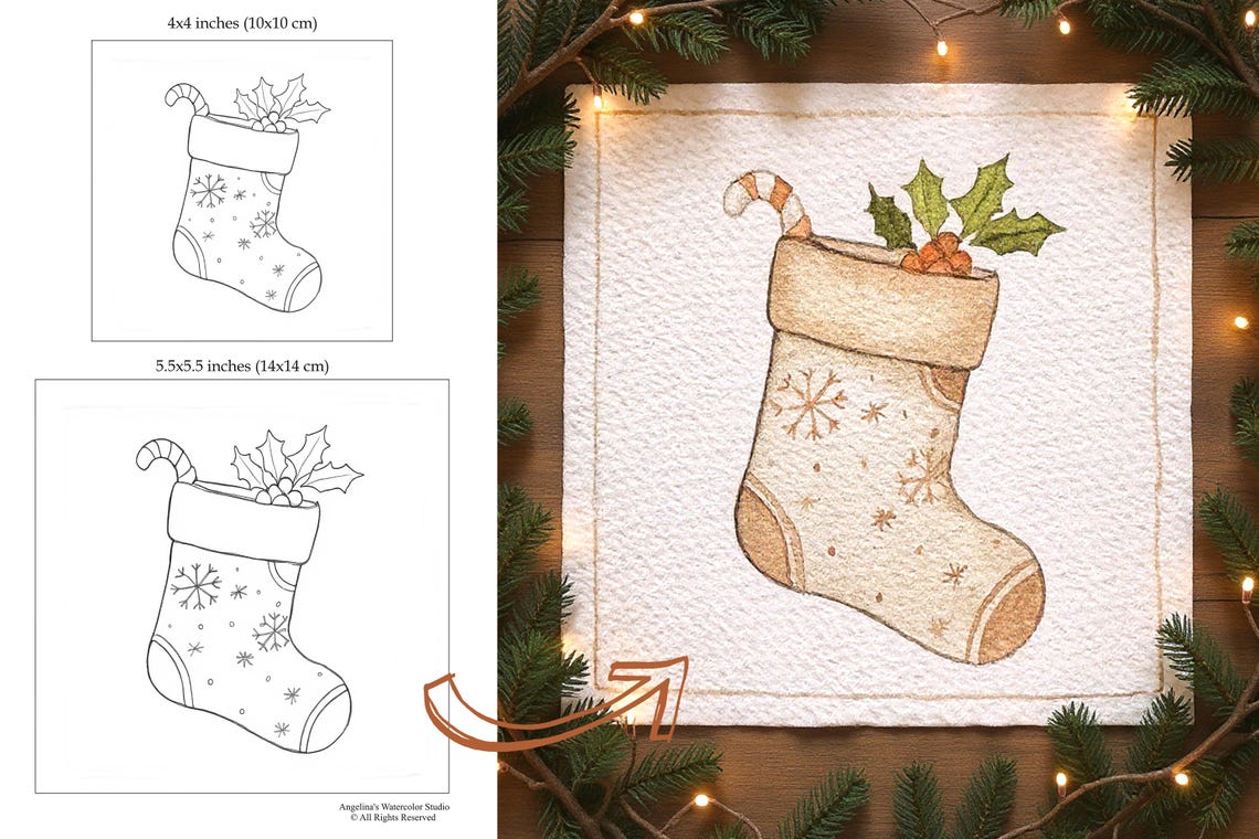 Christmas Stocking Watercolor Card | Outline Drawing Template for ...
