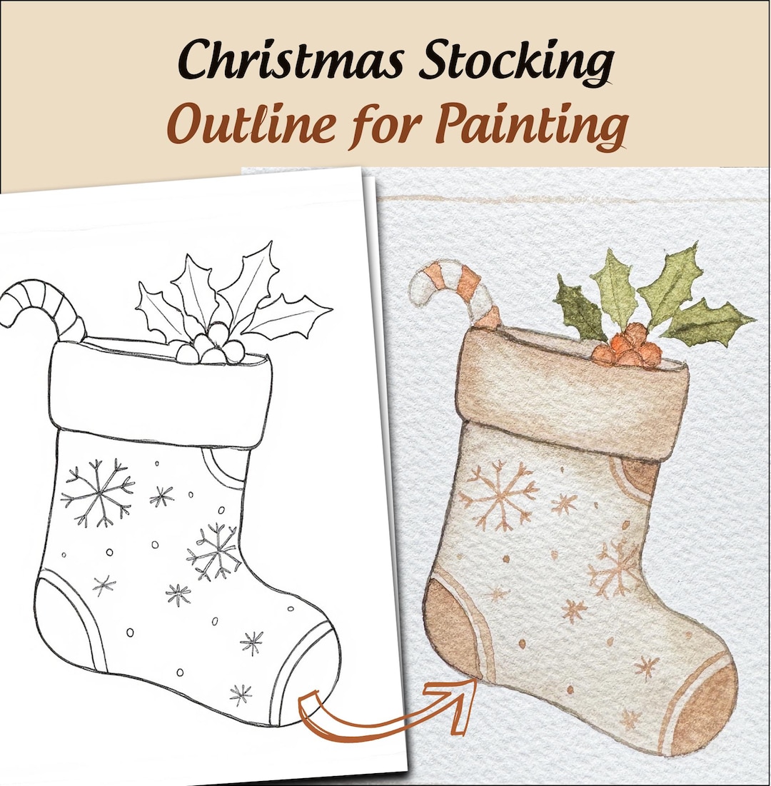 Christmas Stocking Watercolor Card | Outline Drawing Template for ...