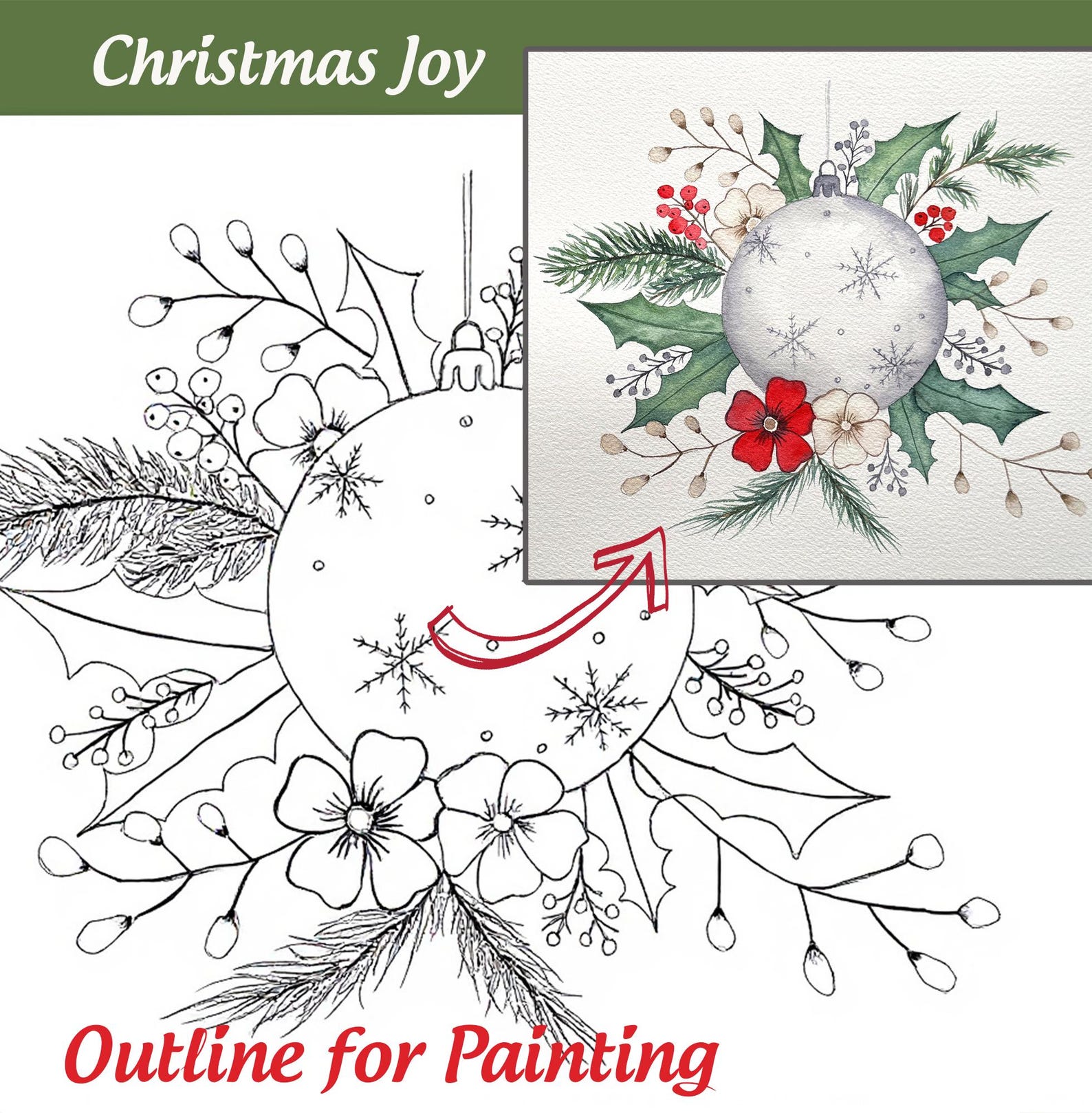 Christmas Joy Outline Drawing | Printable Watercolor Template for DIY ...