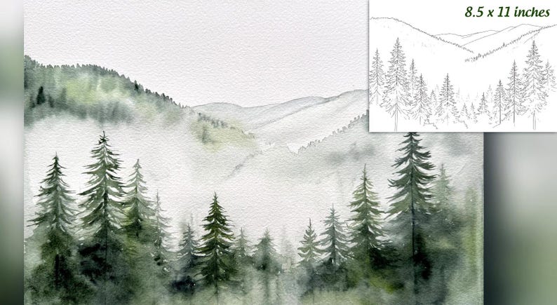 Misty Forest Watercolor Outline | Printable Line Drawing for Painting ...