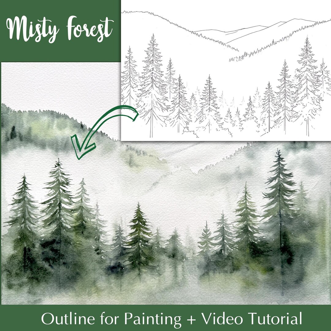 Misty Forest Watercolor Outline | Printable Line Drawing for Painting ...
