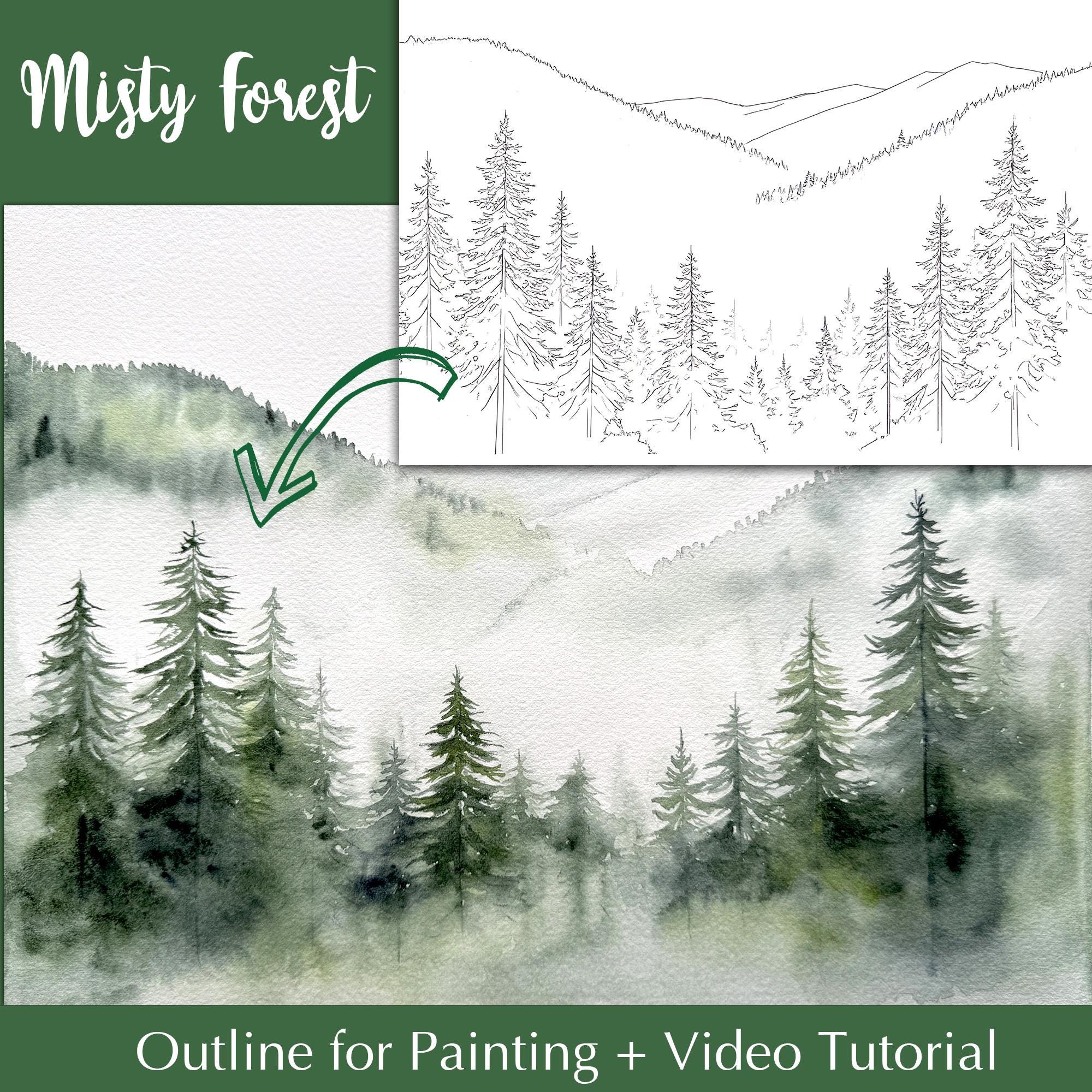 Misty Forest Watercolor Outline | Printable Line Drawing for Painting ...