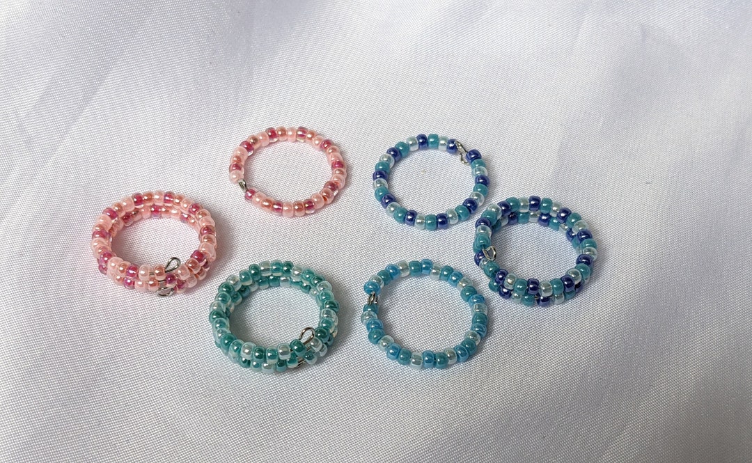 Beaded Ring, Adjustable Ring, Memory Wire Ring, Pink, Blue, Aqua, Turquoise, Colourful Jewellery ...