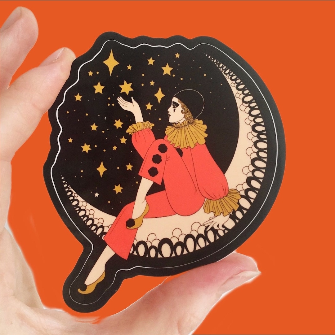 Pierrot on the Moon...sticker... Vintage Clown... Circus... Vinyl ...