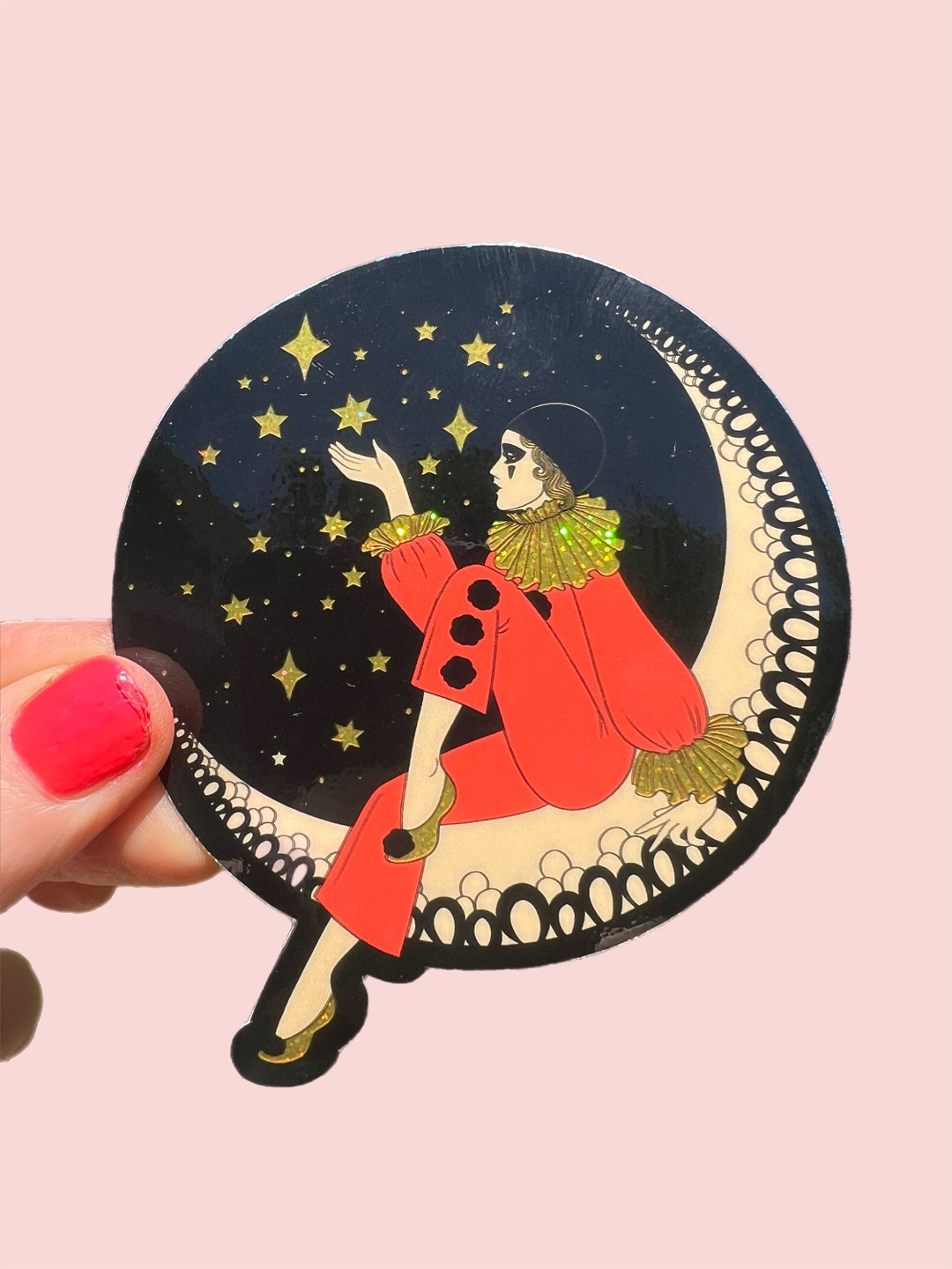 Pierrot on the Moon...glitter Sticker... Vintage Clown... Circus ...