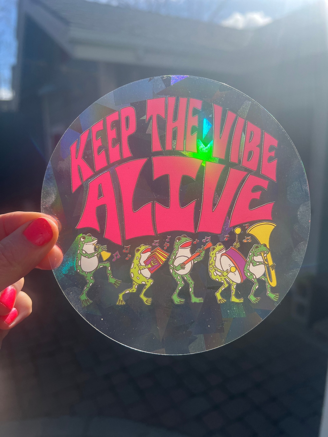 Keep the Vibe Alive Frog Parade Suncatcher..frogs and Music..boho ...