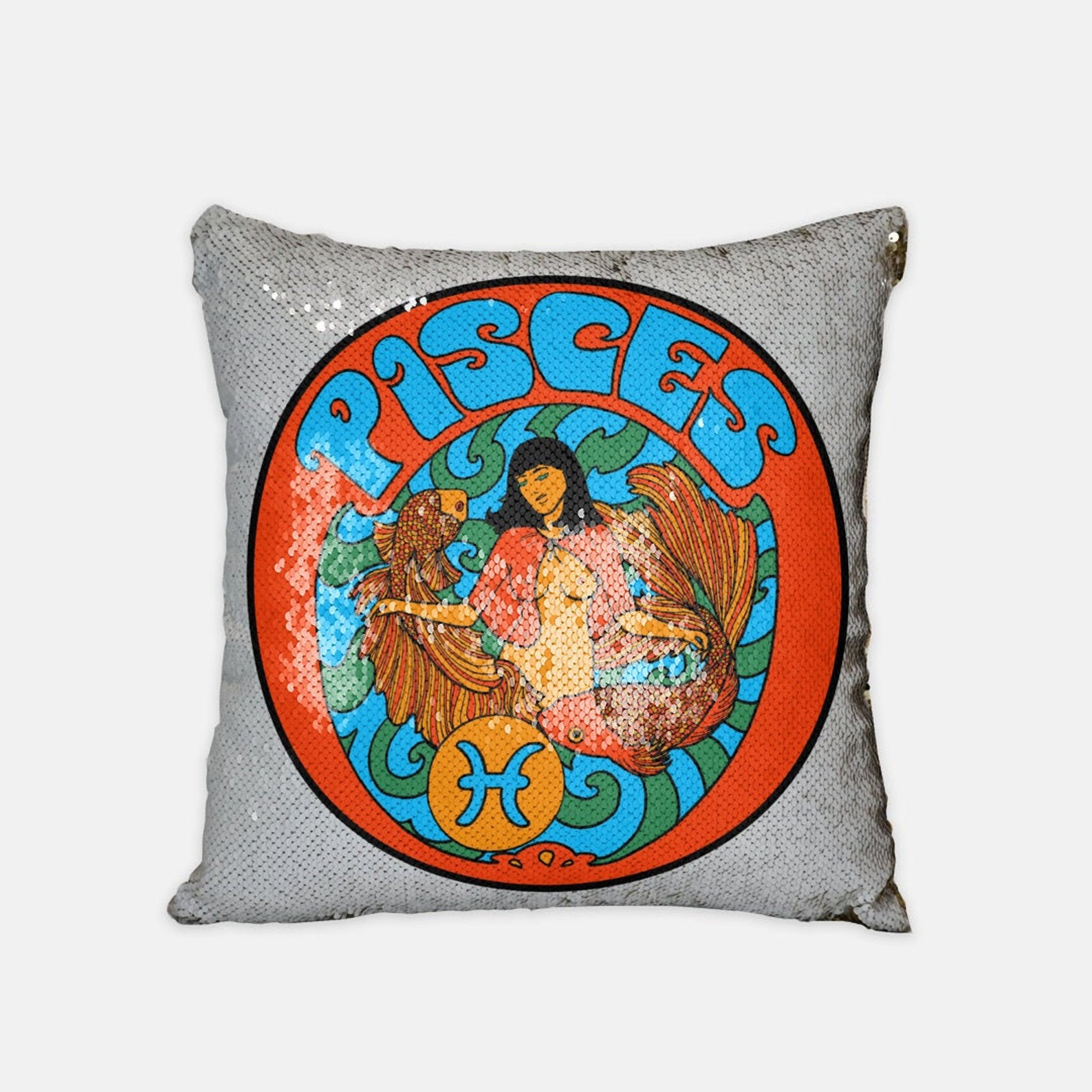 Reversible Magic Sequin Pillow Pisces Zodiac...astrology 60s... 70s ...