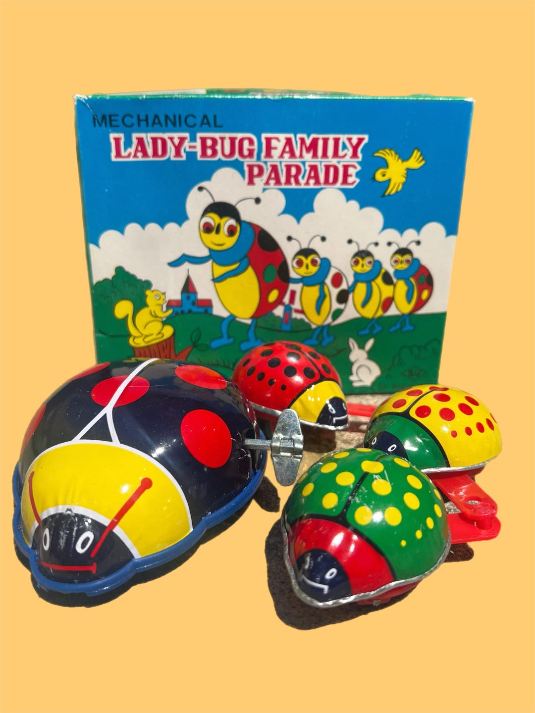 Vintage New in Box Tin Litho Windup Ladybug Family Parade...mechanical Insect Animal Toy ...