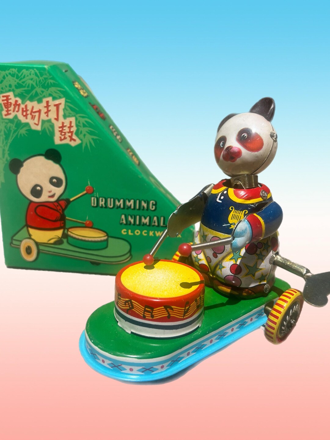 Vintage New in Box Tin Litho Windup Drumming Panda... Panda With Drum...mechanical Animal Toy ...