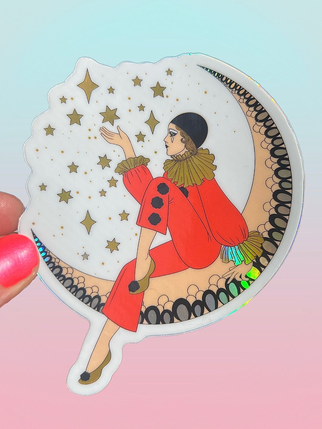 WHITE Pierrot on the Moon...sticker... Vintage Clown... Circus... Vinyl ...