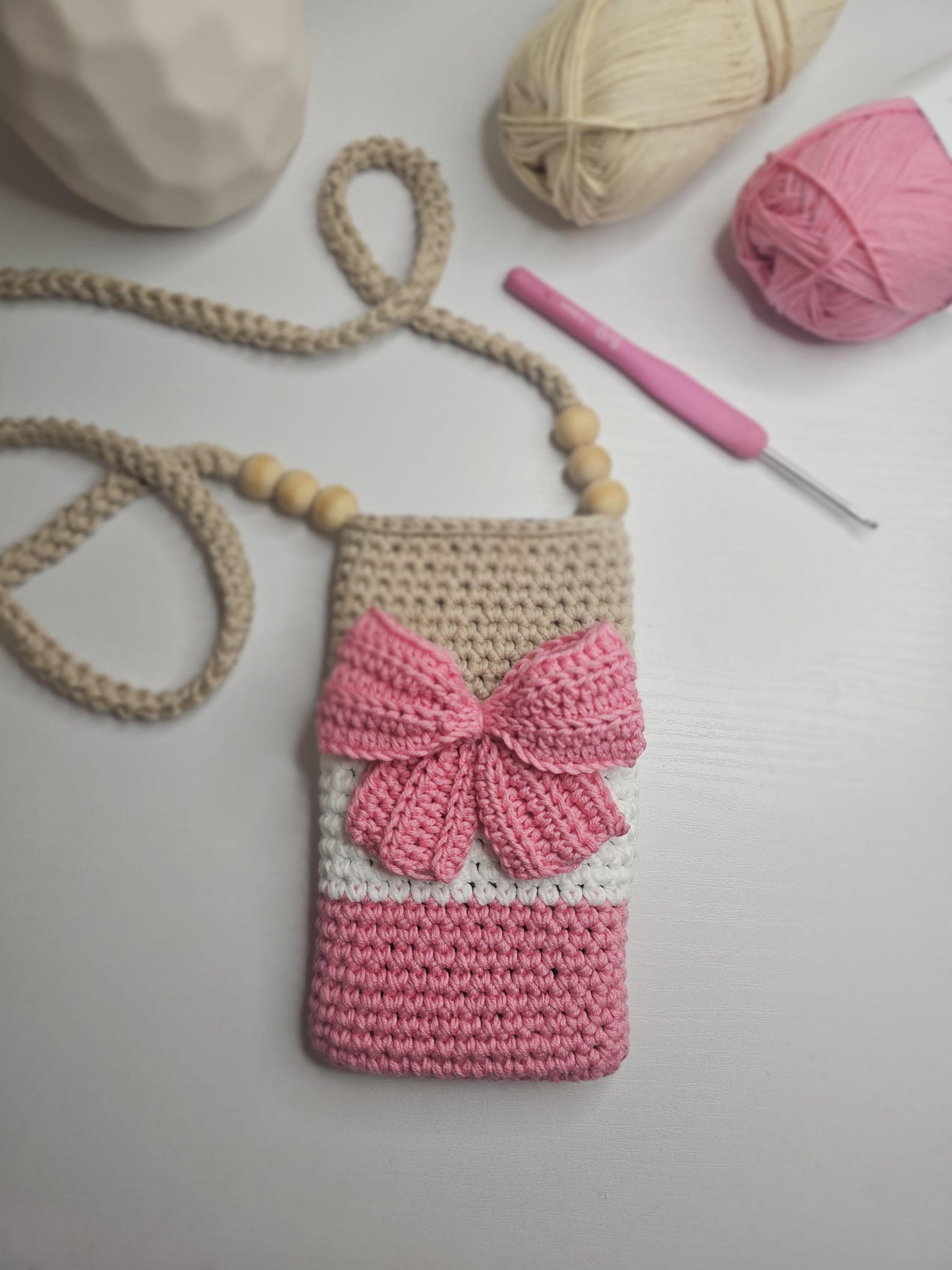 Crochet Crossbody Phone Case, Pink Bow Phone Pouch - Etsy
